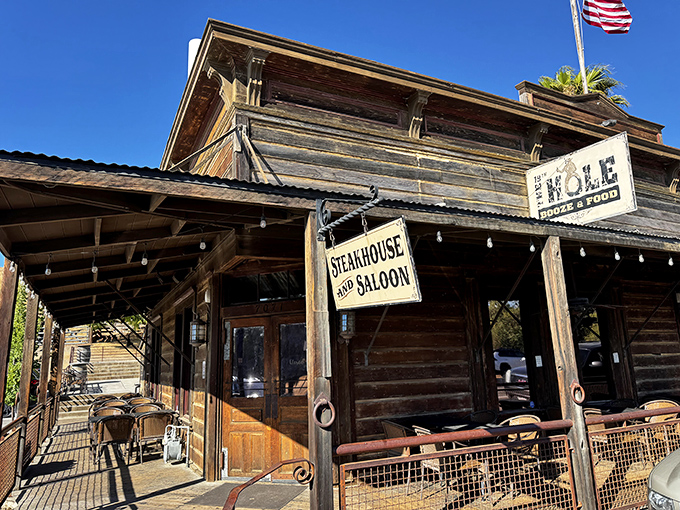 Weathered wood and Old West charm create the perfect setting for legendary barbecue steaks.