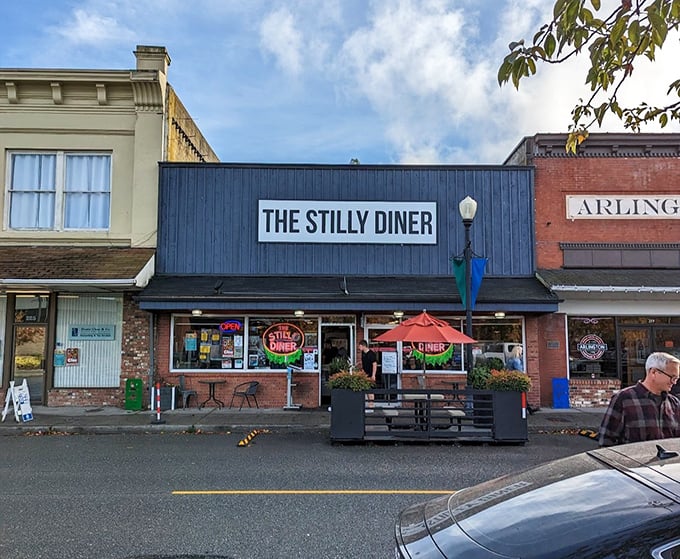 The Stilly Diner: Bold blue exterior, downtown charm, and a patio made for people-watching. Arlington's living room welcomes you with open arms.