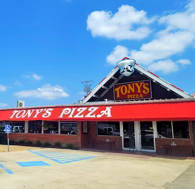 Tony's cheerful chef mascot has been winking at Lake Charles pizza lovers for years, promising hand-tossed happiness inside.