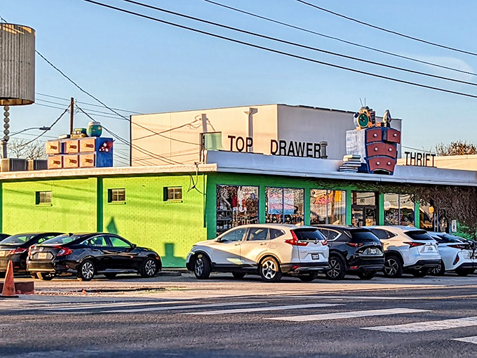 Top Drawer's lime green exterior is as unique as its inventory. This quirky Austin gem proves secondhand shopping can be both funky and fun.