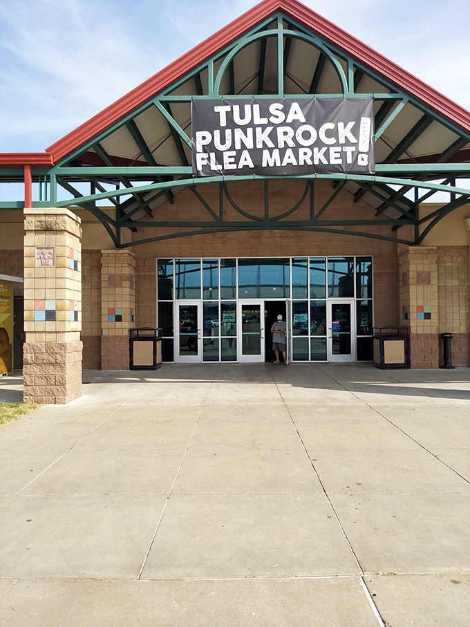 Tulsa's elegant flea market entrance promises upscale treasure hunting in beautiful, welcoming surroundings.