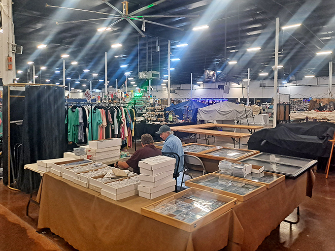 The massive indoor space provides comfortable year-round browsing with organized vendor booths stretching toward the distant walls.