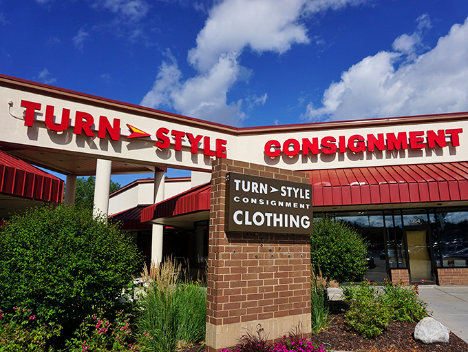 Bold red letters announce consignment shopping that's more boutique than basement sale&mdash;sophistication meets sensible spending here beautifully.