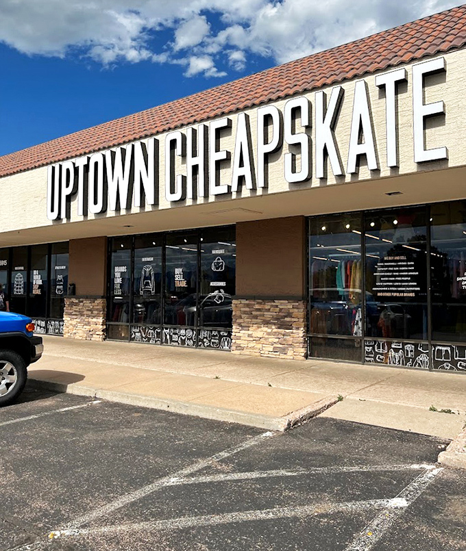Uptown Cheapskate's modern storefront promises trendy finds without the guilt of paying full retail prices.