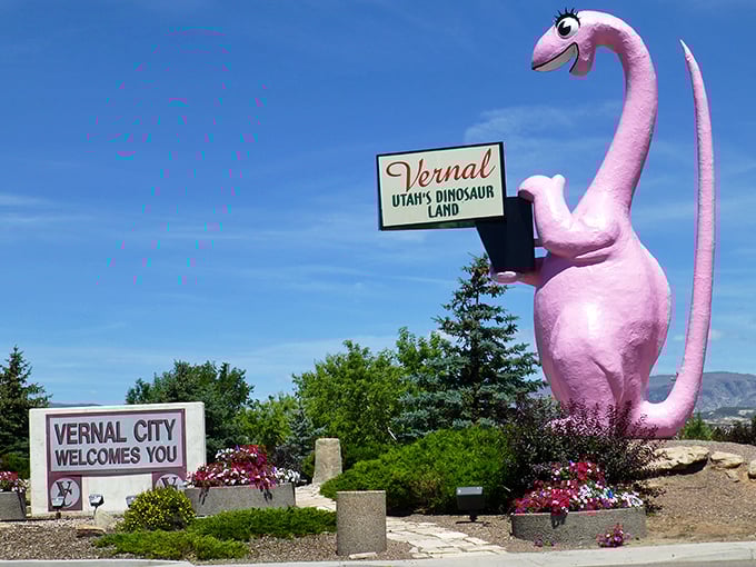Vernal welcomes visitors like an old friend, complete with a pink dinosaur that's impossible to ignore.
