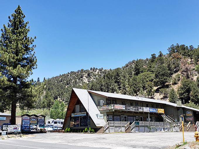 Wrightwood's mountain lodge architecture blends perfectly with the forested hillsides that surround this peaceful retreat.