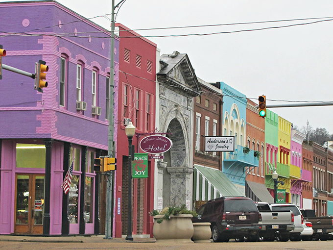 Yazoo City's colorful storefronts pop like a rainbow decided to retire in the Mississippi Delta.