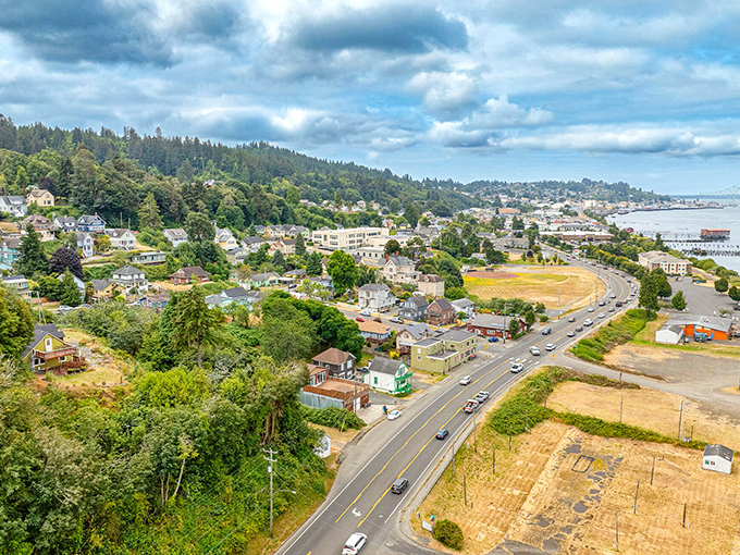 Hillside homes in Astoria overlook the Columbia River, where coastal living remains surprisingly affordable for fixed incomes.