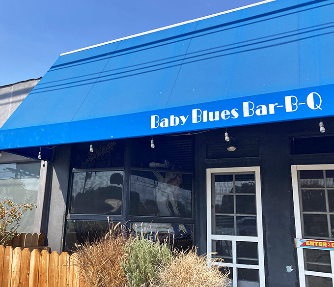 Dodger blue meets BBQ! Baby Blues' colorful exterior brings a playful Venice vibe to traditional Southern smoking techniques.