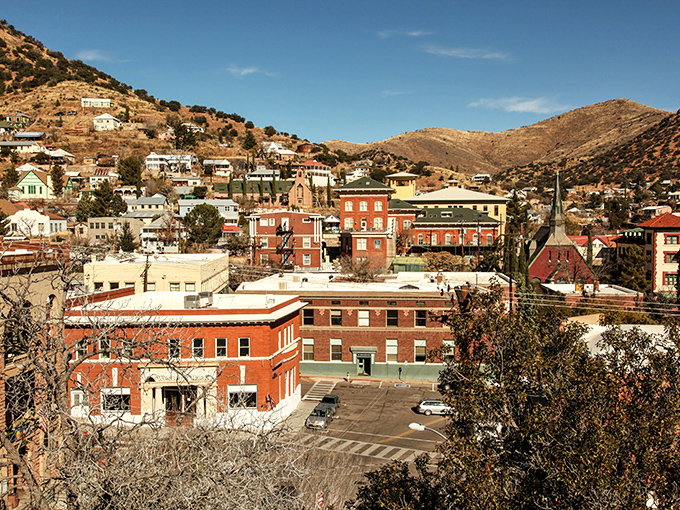 Red brick buildings nestled in mountain valleys. Like someone transplanted a charming New England town to the Arizona desert!