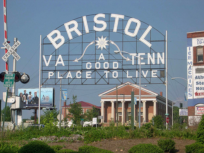 Bristol's famous welcome sign promises good living where Virginia meets Tennessee in harmony.