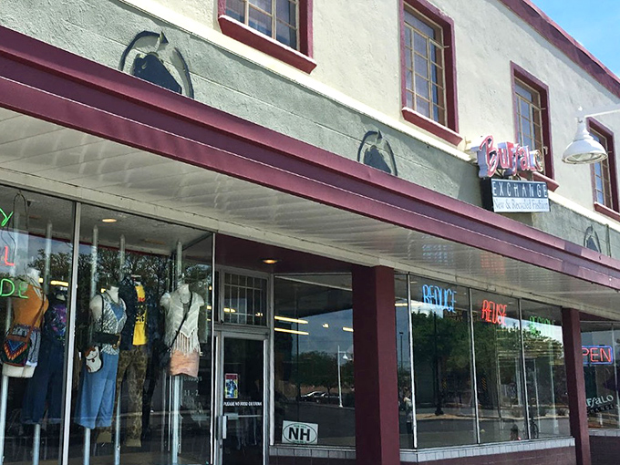 The distinctive Buffalo Exchange storefront promises curated fashion finds. Those buffalo silhouettes have witnessed countless style transformations!