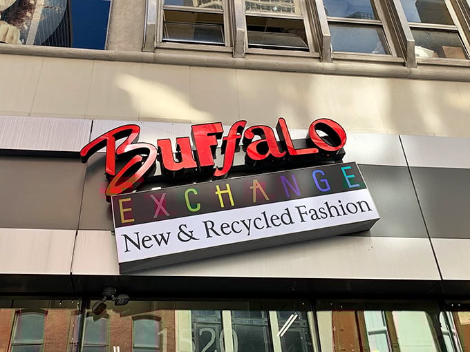 The colorful Buffalo Exchange sign promises "New & Recycled Fashion" with flair. This isn't your grandma's thrift store&mdash;unless your grandma was incredibly hip!