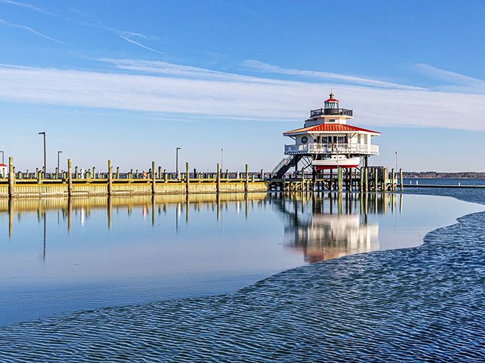 Choptank River Lighthouse reflects perfectly, just like how Cambridge reflects smart retirement planning and Eastern Shore values.