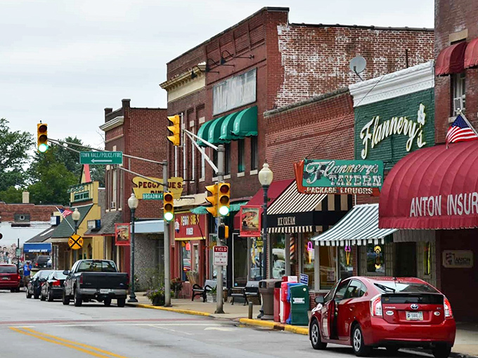 Colorful awnings and brick buildings create the kind of downtown that makes you want to park and explore.