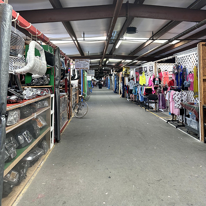 Those long covered walkways protect serious shoppers from weather while they hunt through endless rows of potential treasures.