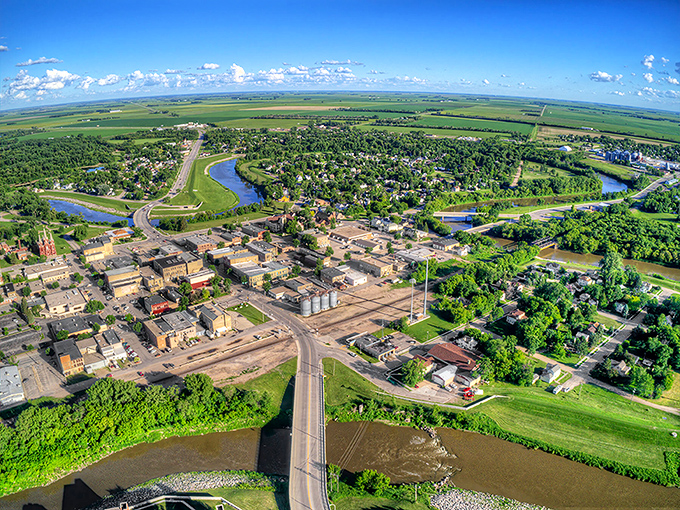 Aerial view of Crookston shows how the town embraces the winding river that shares its name. Water and land in perfect harmony.