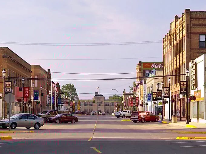 Devils Lake's main street stretches toward the horizon like a pathway to adventure, lined with brick sentinels.