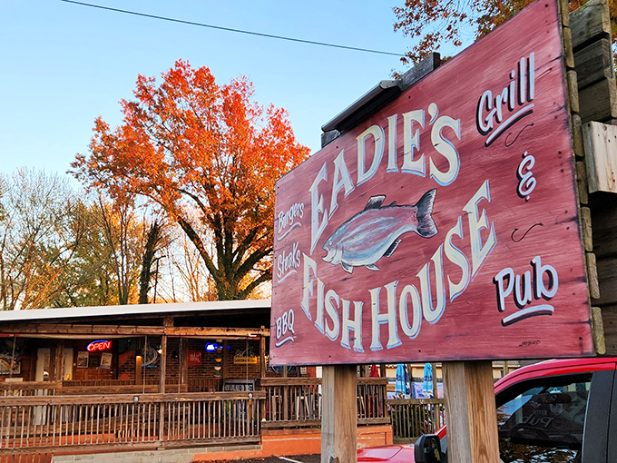 Fall colors frame Eadie's wooden sign perfectly - a seasonal reminder that seafood tastes great year-round in North Canton.