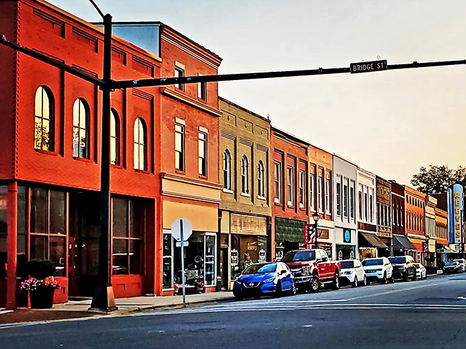 Church steeples and storefront awnings create a postcard-perfect small-town symphony. 