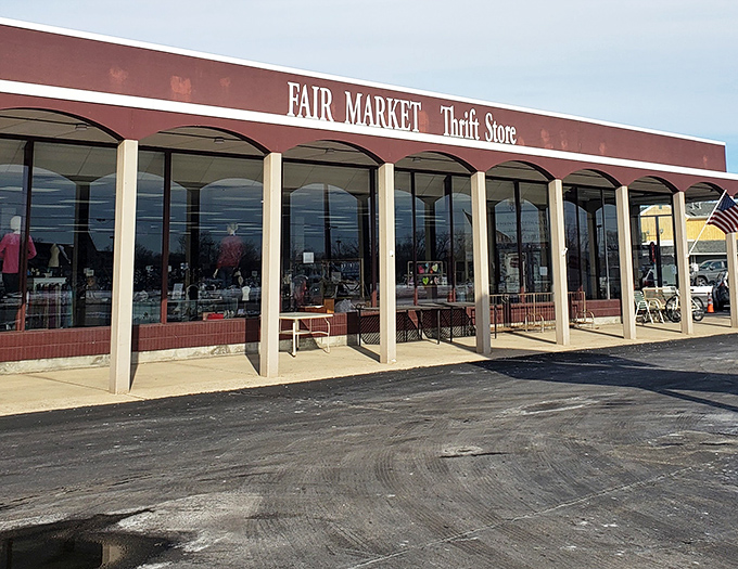 Fair Market's distinctive colonnade entrance stands like a temple to thrift, welcoming worshippers of the secondhand gods.