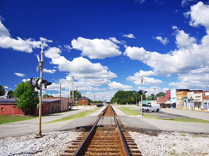 Railroad tracks through Falkville's heart remind us that all great journeys begin with a single destination.