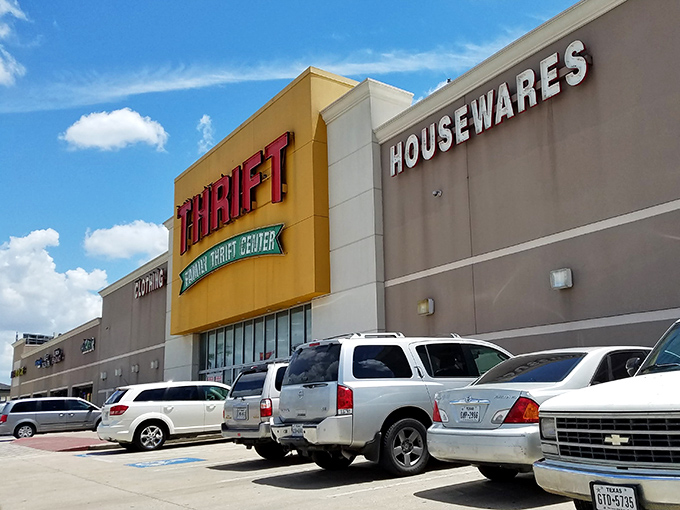 That busy parking lot tells the real story - this place draws serious thrift shopping crowds.