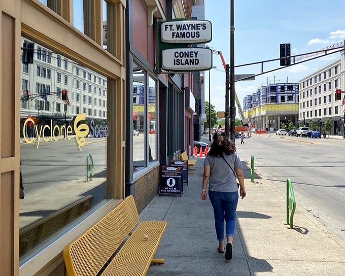 The sidewalk outside Fort Wayne's Famous Coney Island, where the journey to coney perfection begins.