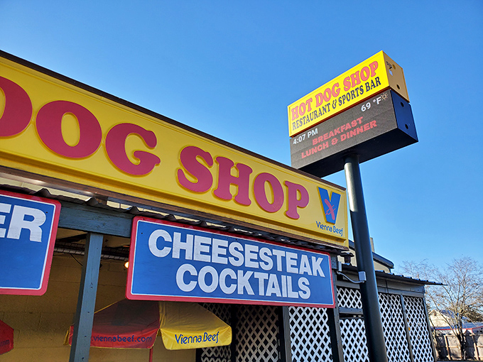 By day or night, Hot Dog Shop's simple exterior hides complex flavors that have kept Houstonians coming back for years.