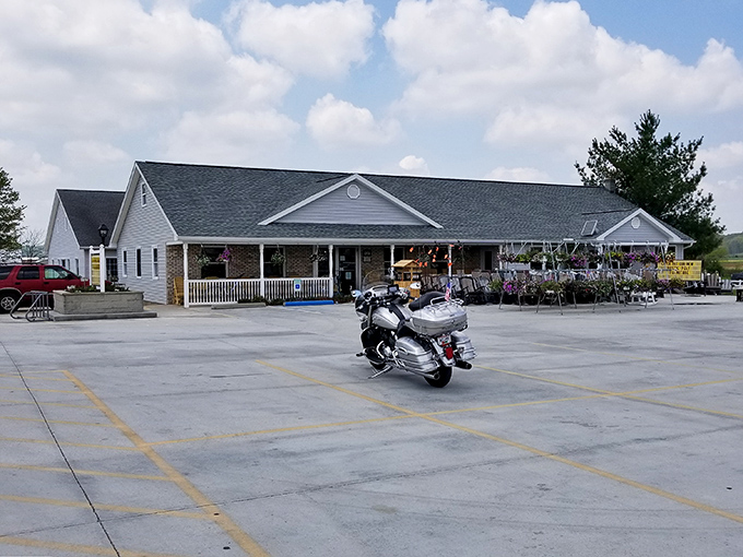 The welcoming porch and hanging baskets create a homey atmosphere that makes every shopping trip feel like visiting family.
