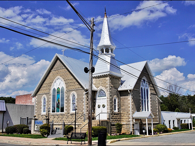 Small-town church architecture that whispers stories of Sunday services and wedding bells.