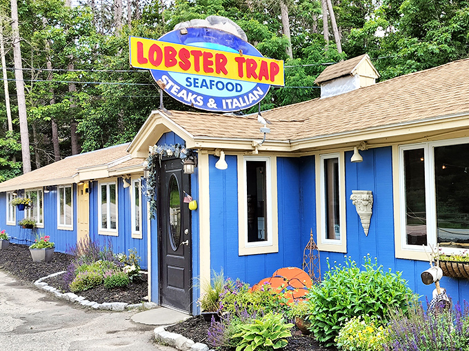 The Lobster Trap's cheerful blue exterior promises fresh seafood adventures in unexpected mountain territory.