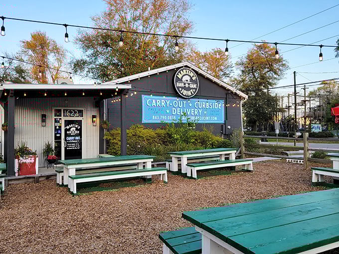 String lights, picnic tables, and smoke in the air &ndash; Martin's creates the perfect barbecue ambiance.