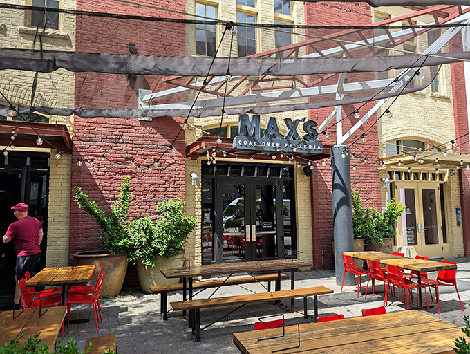 Max's industrial exterior hints at the serious pizza craftsmanship and coal-fired perfection within those walls. 