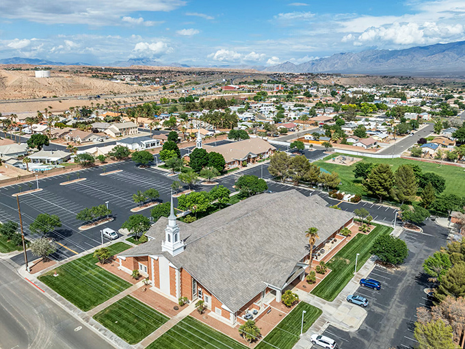 Modern downtown centers in Mesquite offer big-city selection with small-town prices against a backdrop of desert mountains.