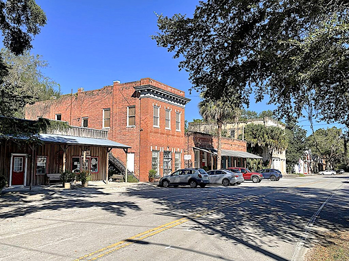 Ancient live oaks create natural cathedrals above brick storefronts where Florida's oldest inland town preserves its timeless small-town charm.