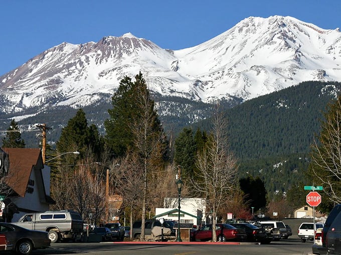 Snow-capped dreams without budget-capped reality! Mount Shasta looms large over a town where Social Security checks stretch as high as the peaks.