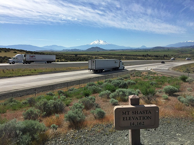 The mountain's snow-capped peak dominates the horizon, making every day feel like a postcard moment.
