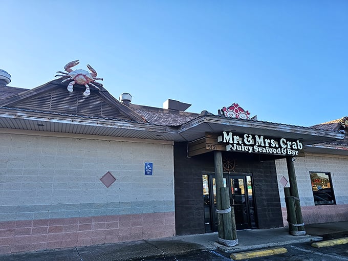 When a restaurant puts a massive crab decoration on top, they're making a promise about the seafood feast waiting inside for you.