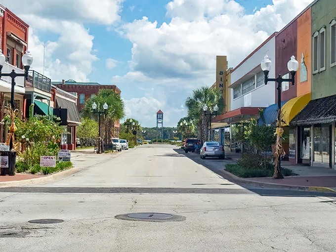 Sunlight plays across Palatka's colorful downtown, where every building seems to have its own personality.