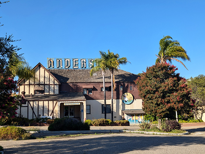 The famous Andersen's sign stands tall against the California sky, promising comfort food and a slice of Danish-American history.