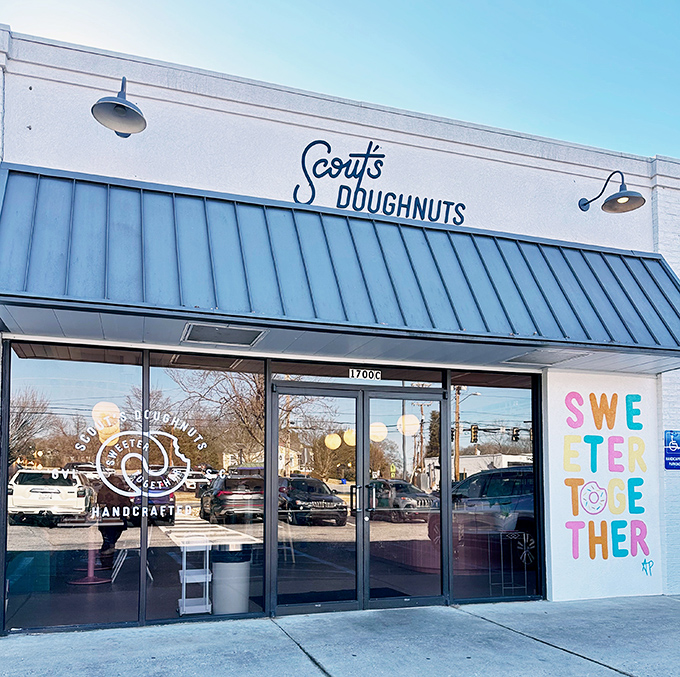 Scout's Doughnuts' clean white exterior and colorful "Sweeter Together" message is like a hug before you even walk inside.
