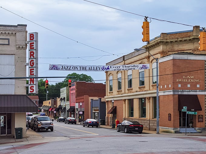 Seneca's historic downtown proudly displays its jazz heritage with a "Jazz on the Alley" banner stretching across the main street.