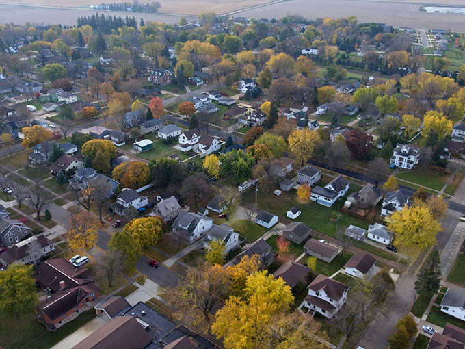 From above, Sheldon reveals its patchwork of affordable homes nestled among autumn trees&mdash;a retirement quilt of comfort and value.