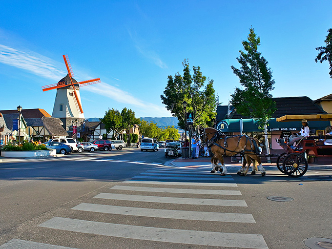 Horse-drawn carriages clip-clop through Solvang's European-style streets. Denmark called and said they're flattered by the impression.