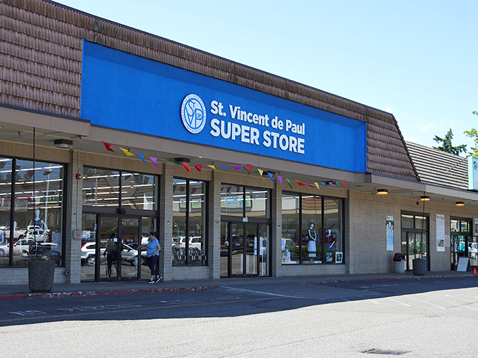 The blue and white signage signals serious thrift shopping where your dollar stretches like taffy.