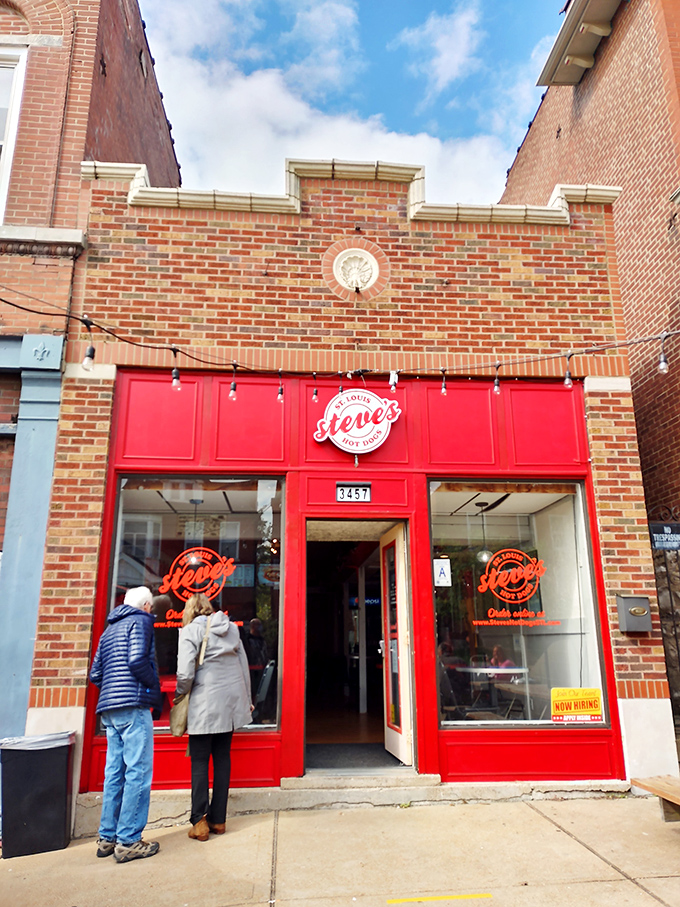 Steve's red storefront beckons like a beacon for serious hot dog enthusiasts seeking authentic Chicago-style perfection.