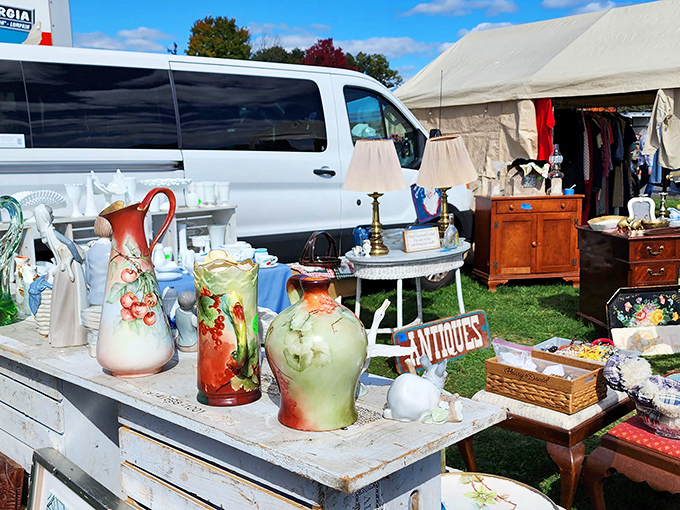 Hand-painted vintage vases line up like colorful soldiers, their floral designs speaking to craftsmanship from a more elegant era.
