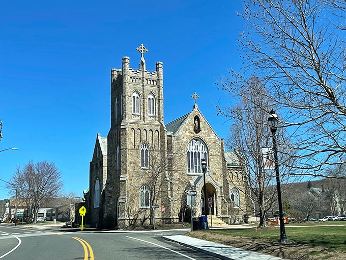 This historic stone church anchors Thomaston's downtown where faith and community thrive without requiring excessive financial sacrifice.