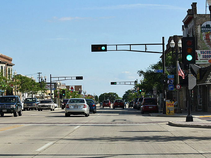 Traffic lights lead straight to Two Rivers, where Lake Michigan's shores await just beyond those welcoming buildings.